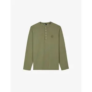 The Kooples Brand-embroidered Henley-collar Cotton-jersey T-shirt - Foret