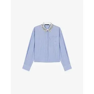 Maje Striped Cotton Shirt With Embellished Detachable Collar - Blue Sky