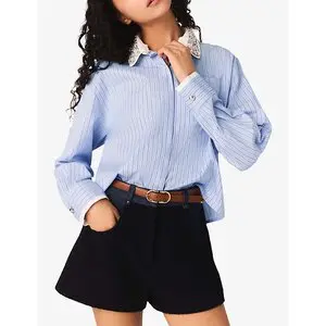 Maje Striped Cotton Shirt With Detachable Embellished Collar - Blue Sky