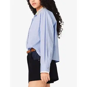 Maje Striped Cotton Shirt With Detachable Embellished Collar - Blue Sky
