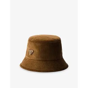 Prada Logo Plaque Corduroy Bucket Hat - Brown