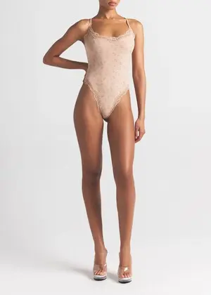 SKIMS Printed Lace-trim Stretch-jersey Bodysuit