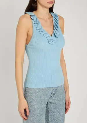 Alice + Olivia Marnie Ruffled Knit Top - Blue