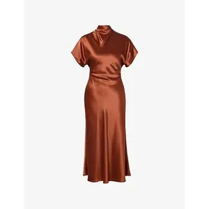MALINA Satin Maxi Dress With High Neck And Short Sleeves - Rust