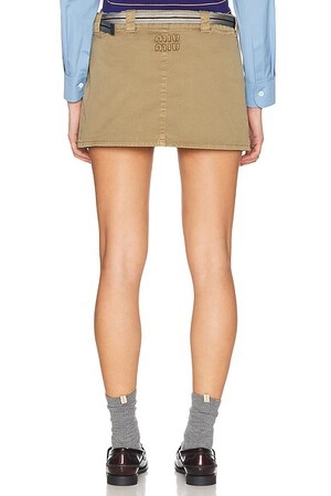 Miu Miu Cotton Twill Mini Skirt With Logo Buckle Belt