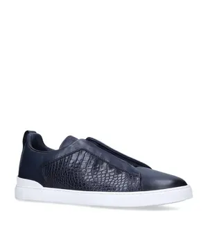 Zegna Crocodile Leather Triple Stitch Sneakers - Navy