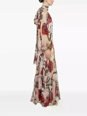 NISSA Floral Print High Neck Tiered Maxi Dress - Neutrals