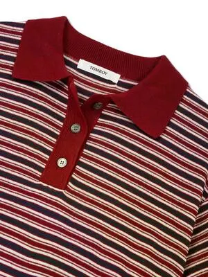 STUDIO TOMBOY Striped Short Sleeve Polo Sweater - Red