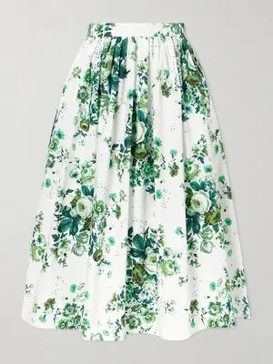 Erdem Pleated Floral-print Cotton-poplin Midi Skirt - Green