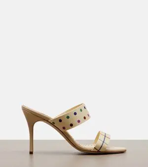 Manolo Blahnik Printed Satin Mules - Beige