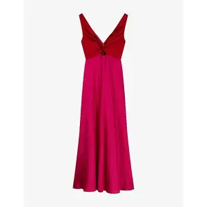 OMNES Satin V-neck Cut-out Sleeveless Midi Dress - Raspberry / Cherry
