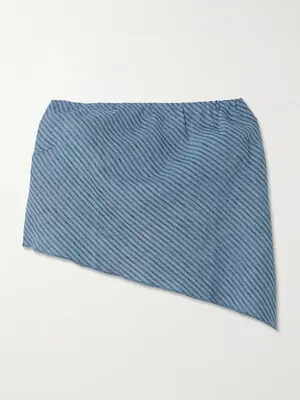 DEIJI STUDIOS Line Strapless Asymmetric Striped Organic Linen Top - Blue