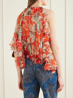 Etro Off-the-shoulder Printed Silk Chiffon Blouse - Orange