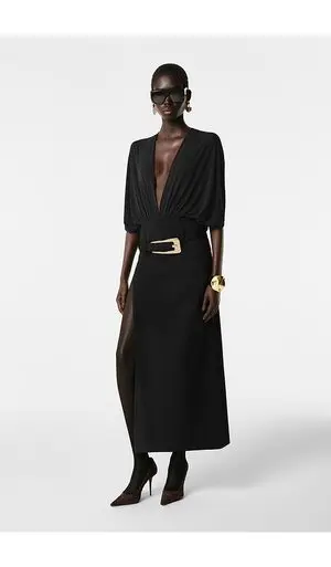 Revolve Pencil Skirt With Buckled Waist And Side Slit - Black