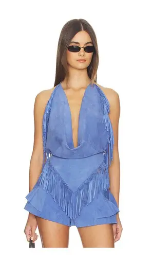 UNDERSTATED LEATHER Fringed Halter Top