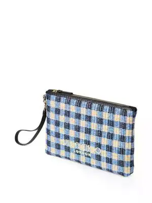 JIMMY CHOO Gingham Raffia Zip Pouch With Wrist Strap