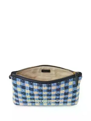 JIMMY CHOO Gingham Raffia Zip Pouch With Wrist Strap