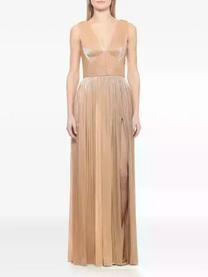 Costarellos Pleated V-neck Gown - Neutrals