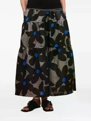 LESS Floral Print Tiered Midi Skirt - Grey