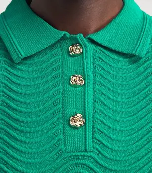 Sandro Scalloped Knit Polo Sweater With Gold-tone Buttons - Green