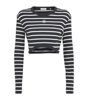 Sandro Cotton Stripe Cropped Top - Blue