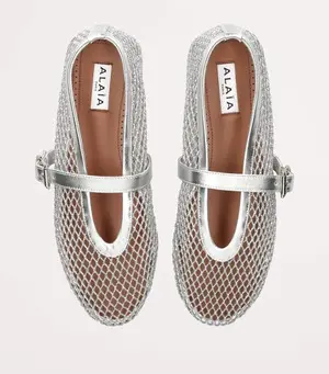 Alaïa Leather Mesh Ballet Flats With Patent Details - Silver