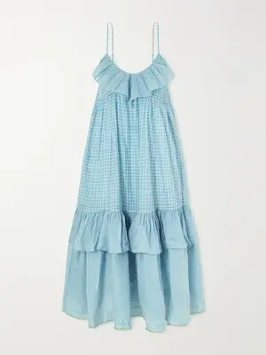 EKA Ruffled Tiered Checked Cotton Silk Maxi Dress - Blue