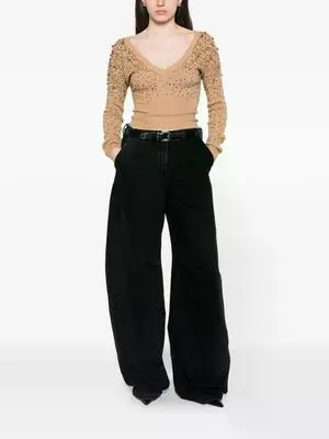 Max Mara Embellished V-neck Ribbed Knit Sweater - Neutrals