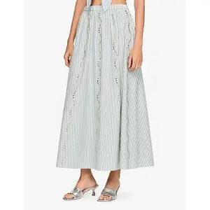 Sandro Striped Rhinestone-embellished Cotton-blend Maxi Skirt - Blue