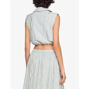 Sandro Sleeveless Cropped Rhinestone Embellished Shirt - Blue