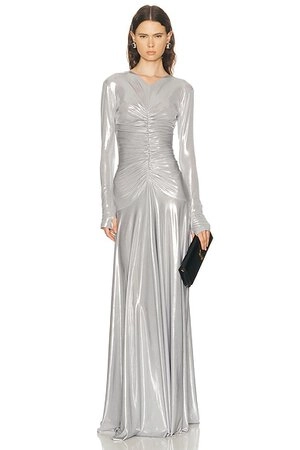 Norma Kamali Long Sleeve V Neck Shirred Front Flared Gown