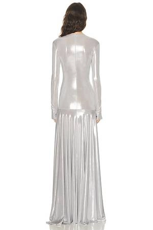 Norma Kamali Long Sleeve V Neck Shirred Front Flared Gown