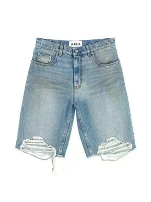 AREA Crystal Embellished Frayed Denim Shorts - Blue