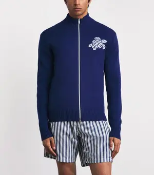 Vilebrequin Virgin Wool-cashmere Zip-up Cardigan With Jacquard Turtle Motif