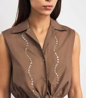 Sandro Cotton Embellished Cropped Shirt - Brown