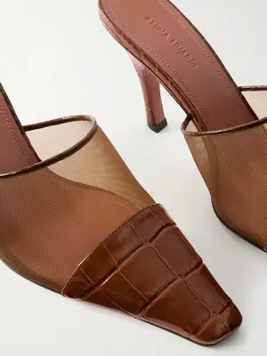 Amina Muaddi Jamie Mesh And Croco-embossed Leather Mules