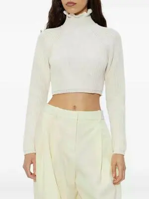 Max Mara Cropped Ribbed Knit High Neck Sweater With Ruffle Trim - Neutrals