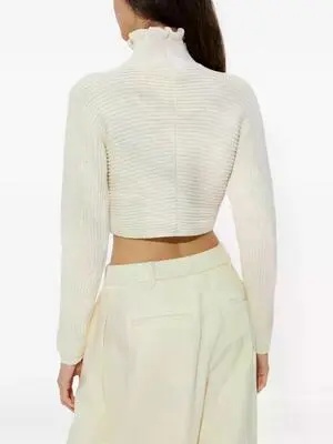 Max Mara Cropped Ribbed Knit High Neck Sweater With Ruffle Trim - Neutrals