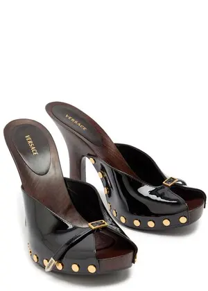 Versace Stud-embellished Wooden And Patent Leather Mules