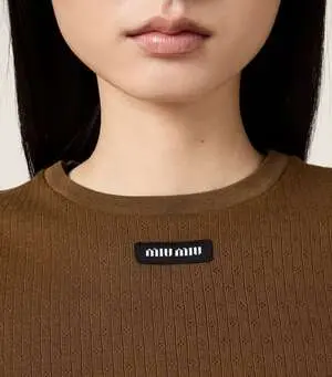 Miu Miu Cotton Pointelle Cropped T-shirt - Brown