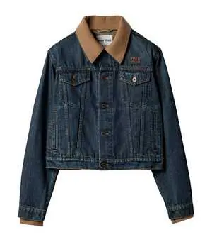 Miu Miu Washed Denim Trucker Jacket With Jersey Collar - Blue
