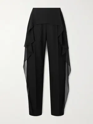 LANVIN Layered Wool-twill And Ruffled Silk-chiffon Slim-leg Trousers