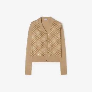 Burberry Check Panel Wool Silk Cardigan - Camel