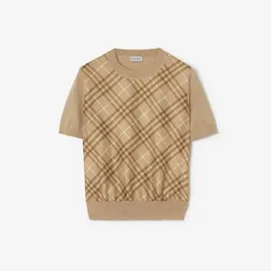 Burberry Check Panel Wool Silk Top - Camel