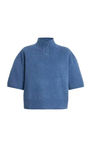Brandon Maxwell Cropped Cashmere Henley Sweater - Blue