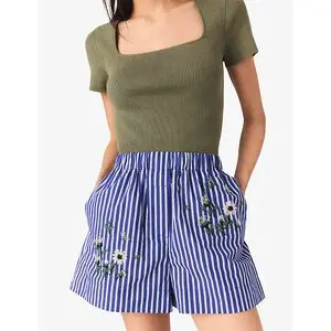 Maje Striped Floral-embroidered Cotton-blend Shorts - White/blue