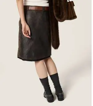 Miu Miu Distressed Leather Midi Skirt