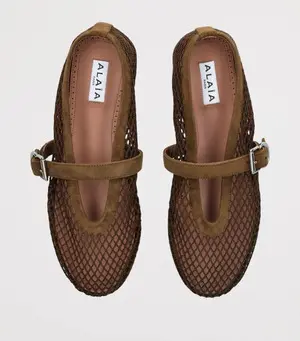 Alaïa Mesh Ballet Flats With Buckle Strap - Green