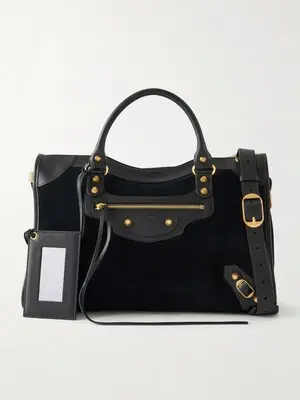 Balenciaga Le City Studded Suede Shoulder Bag - Black