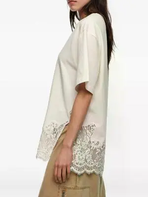 Bimba Y Lola Ivory Cotton Lace Trim T-shirt